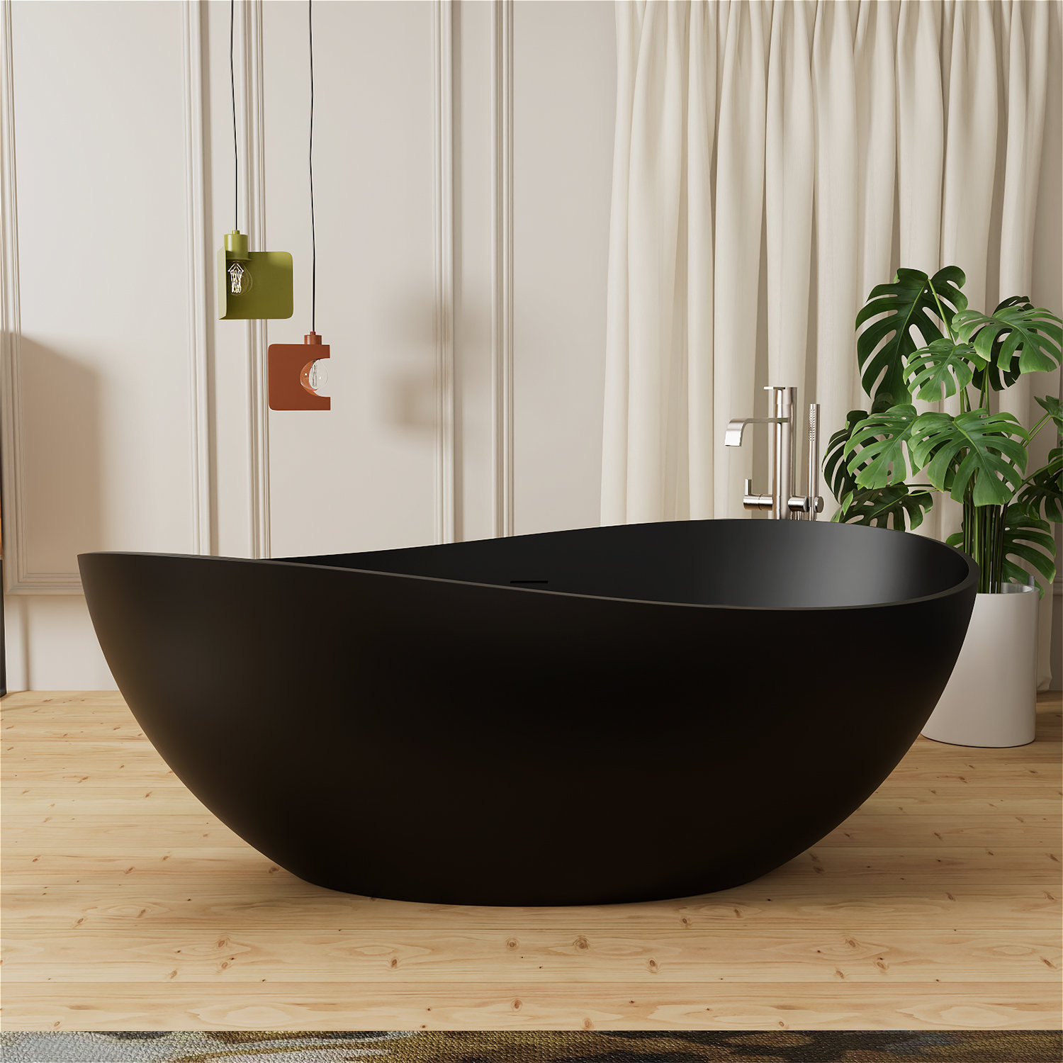 GIVING TREE 63" Egg-Shaped Wavy Curves Solid Surface Bathtub, Freestanding Seamless Deep Soak ...
